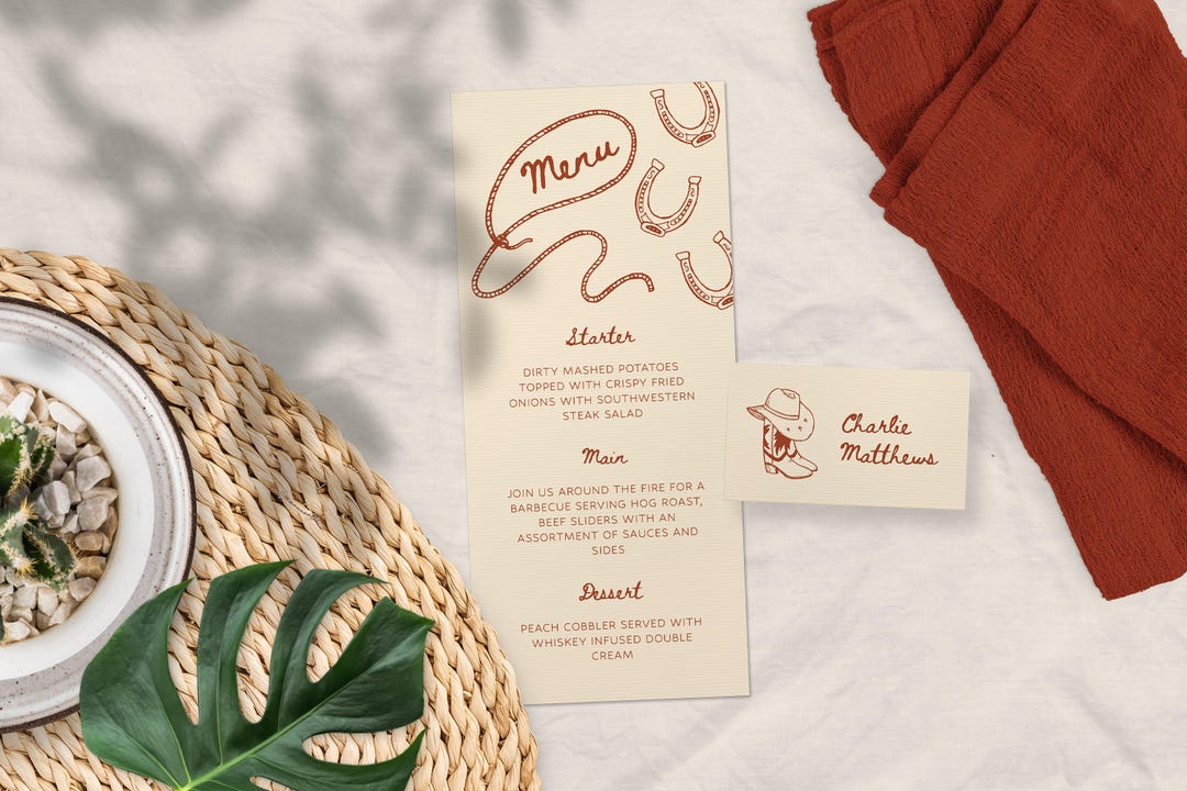 Western Wedding Menu & Place Card Template: Hand-drawn Cowboy ...