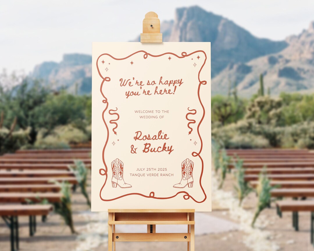 Western Wedding Welcome Sign Template: Hand-drawn Illustration Cowboy ...