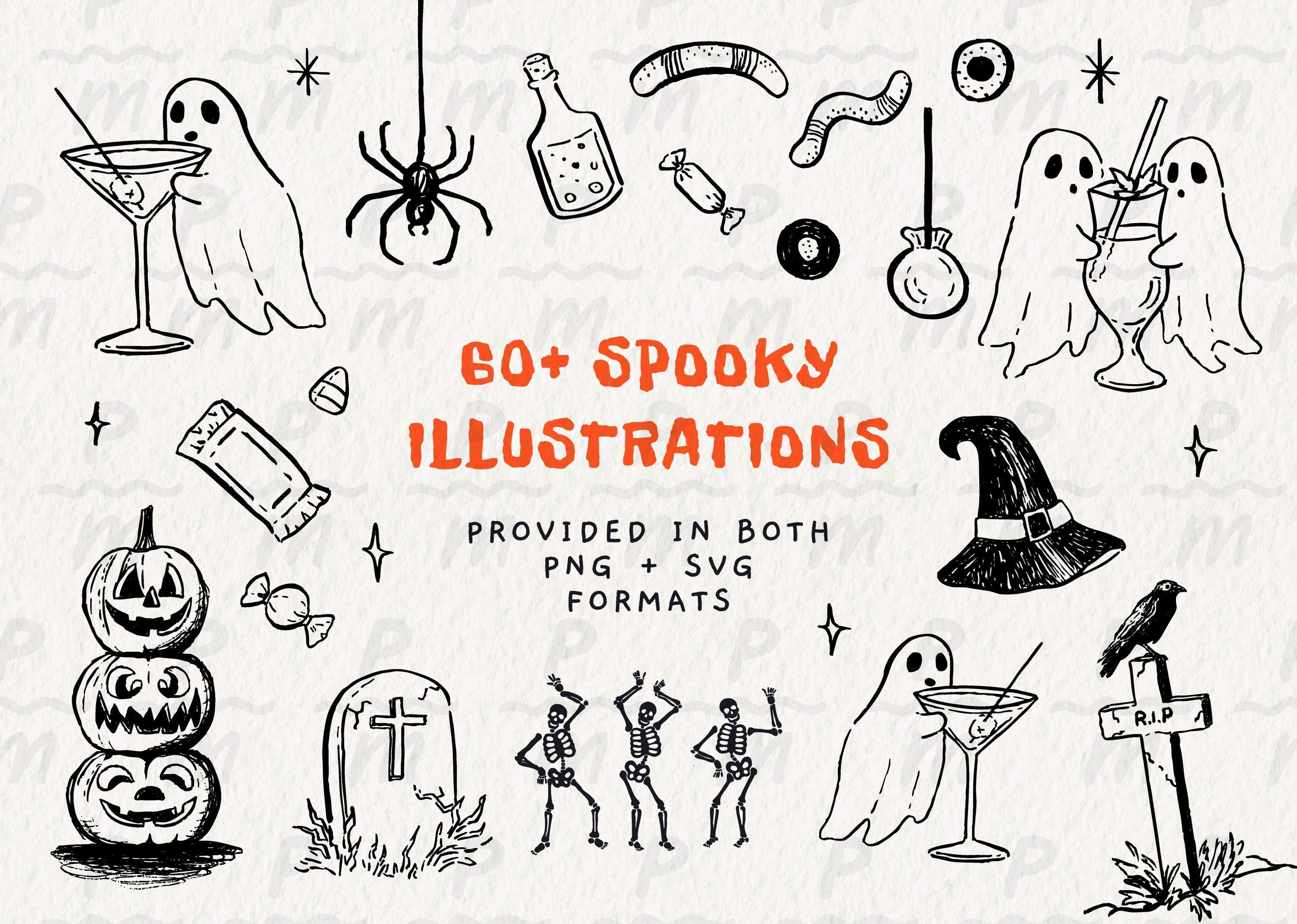 Hand-drawn Halloween Clip Art, Spooky Illustration Sketch Doodle Design ...