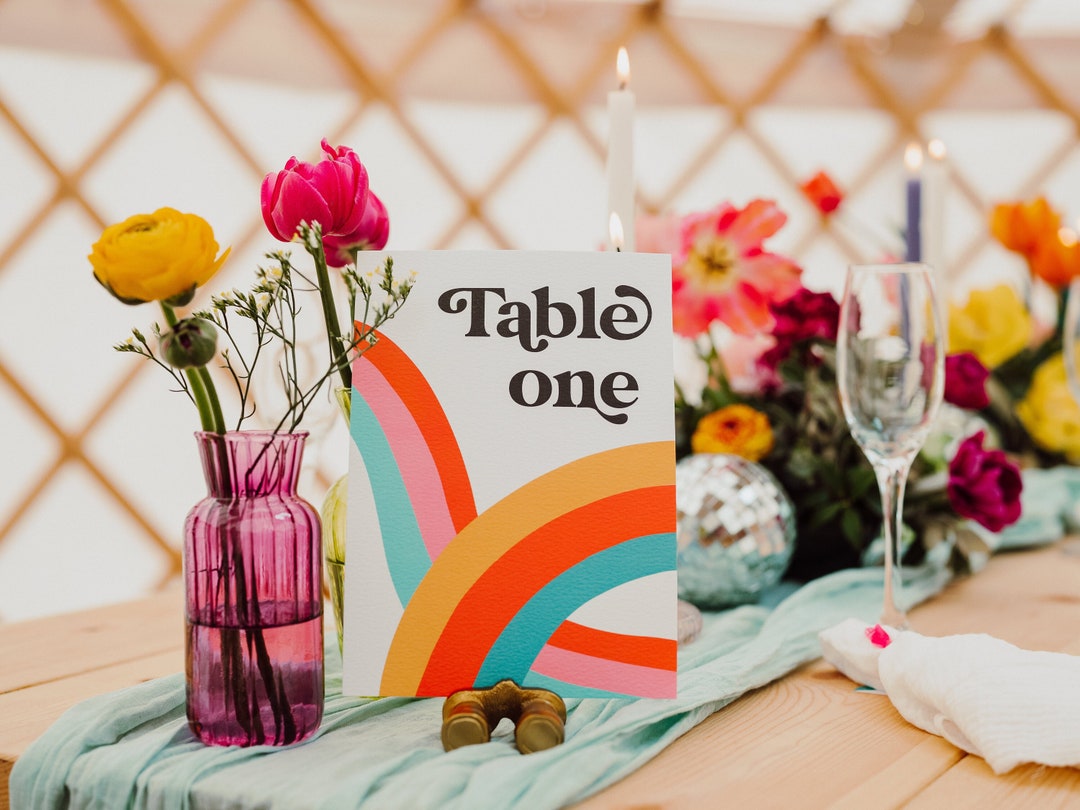 Retro Rainbow Wedding Table Numbers | Personalised | on the Day ...