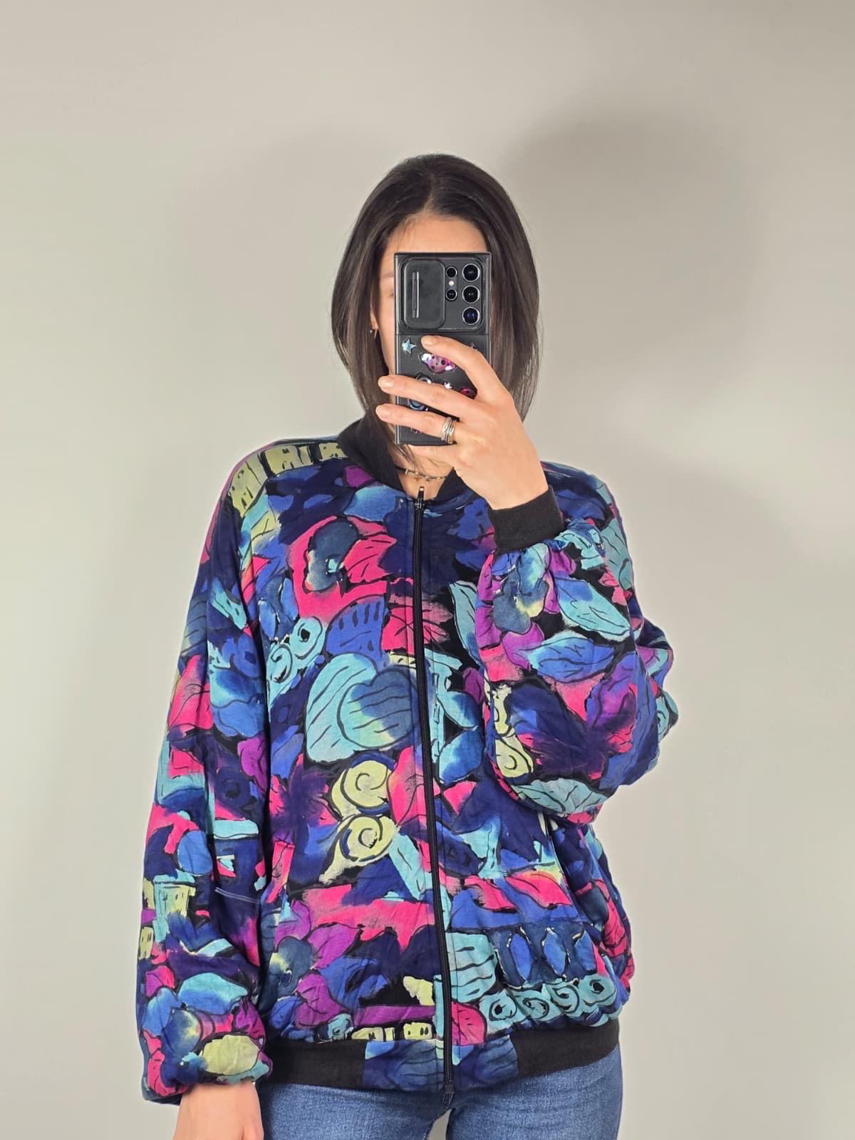 Vintage Colorful Bomber Jacket 90s Abstract Print Retro Multicolor Zip ...