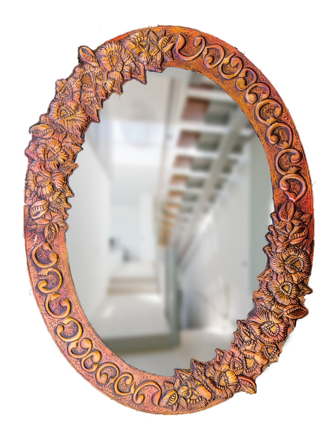 Mirror With Oval Frame of flowers Embossed in Aluminum Sheet. Metal ...