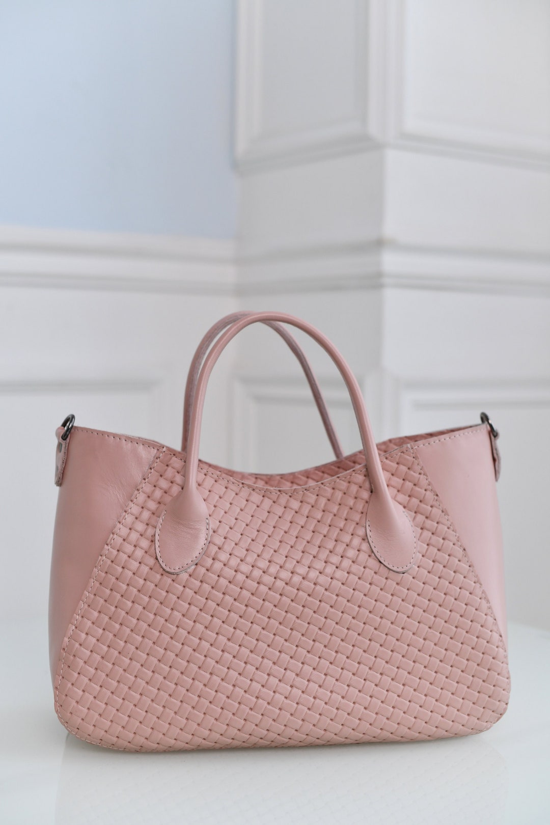 Pink Leather Tote Bag, Tote Bag Aesthetic, Leather Shoulder Bag ...