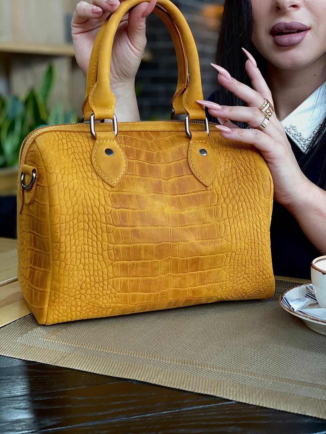 Genuine Leather Mustard Bag With Alligator Pattern, Handbag, Handmade ...
