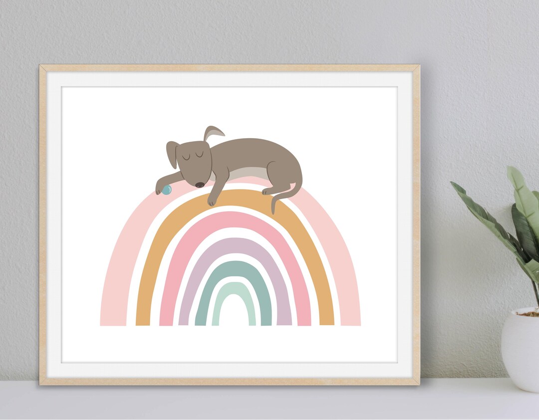 Cute Pup Napping on A Rainbow Art Print, Doggie Digital Download Art ...