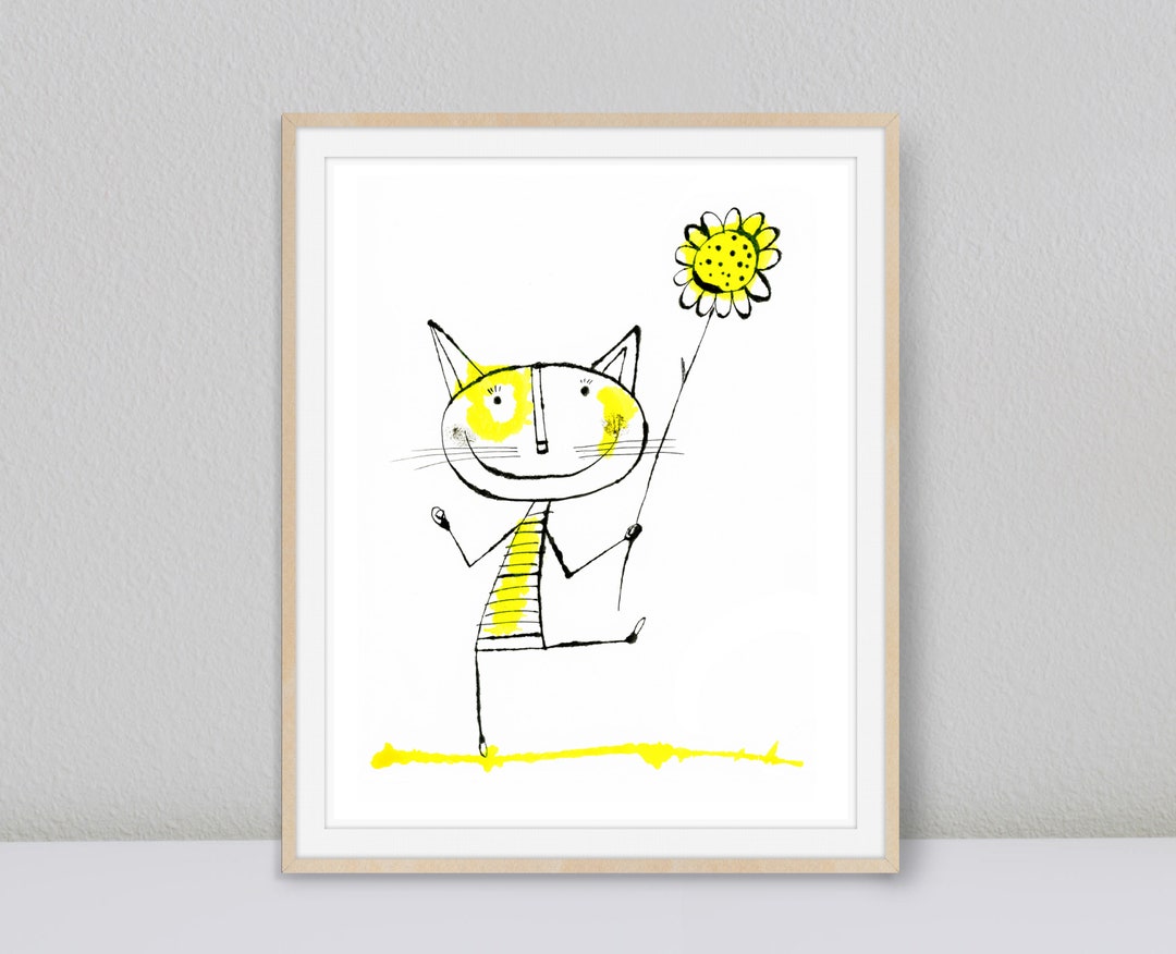 Whimsical Cat Art, Printable Cat Wall Art, Digital Download Nursery Art ...