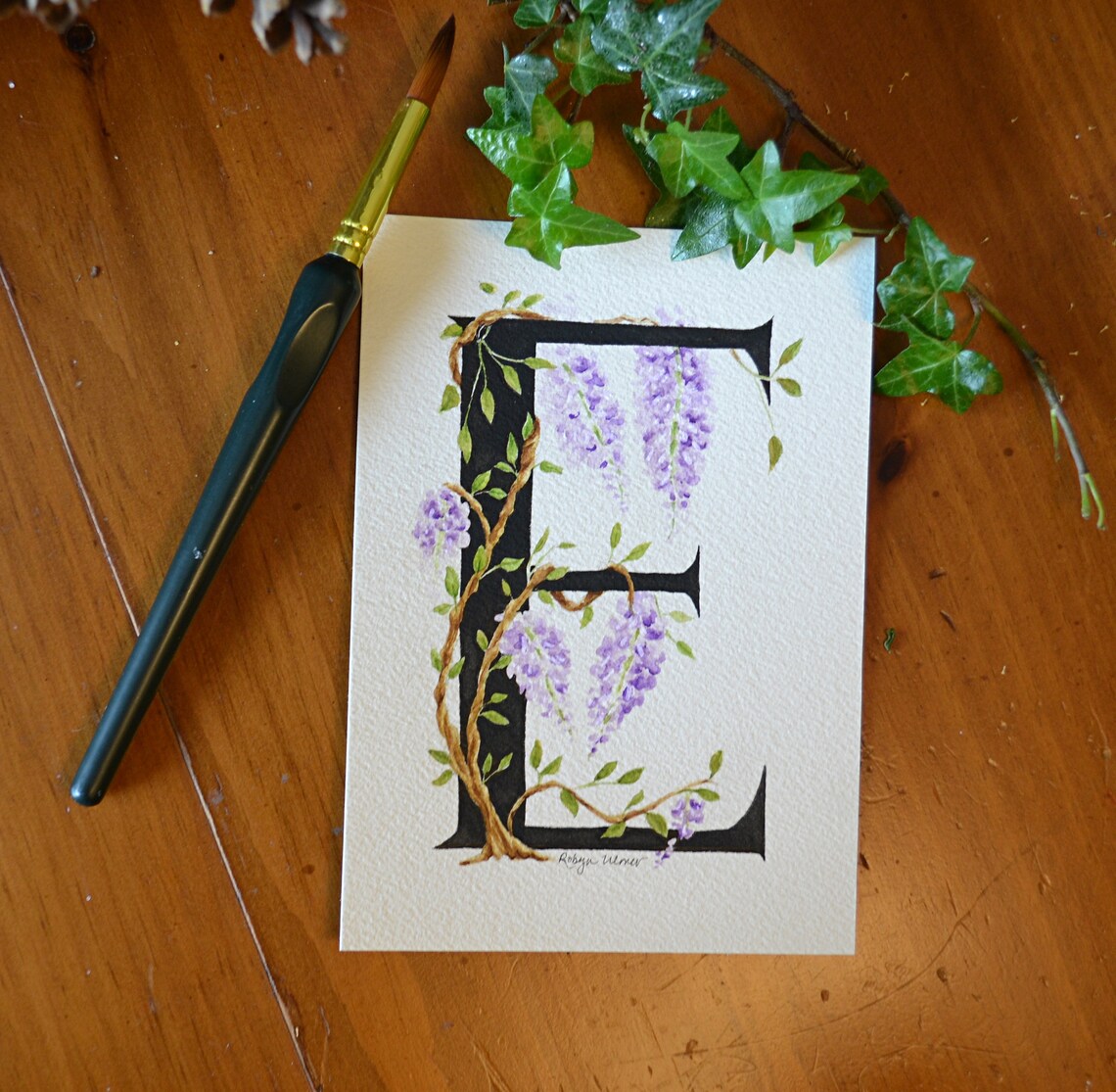 Painted Letter E Art in Watercolor With Purple Wisteria, Eucalyptus ...