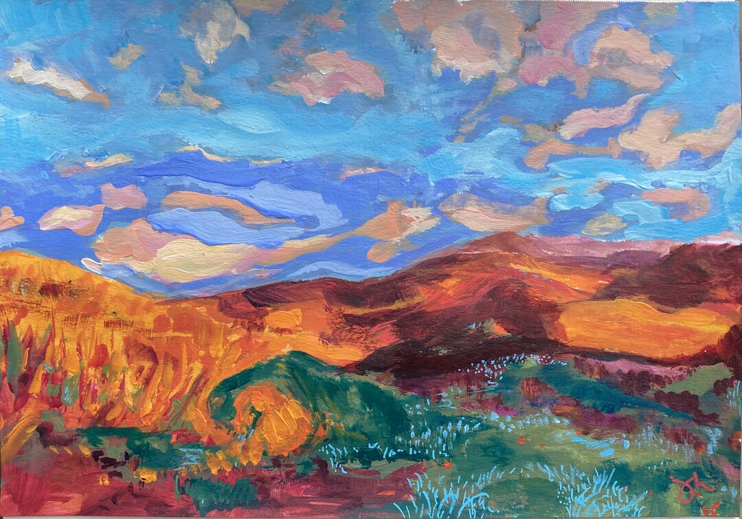 Blazing Hills, Original Landscape Painting, Acrylic Painting on Paper, Contemporary ...