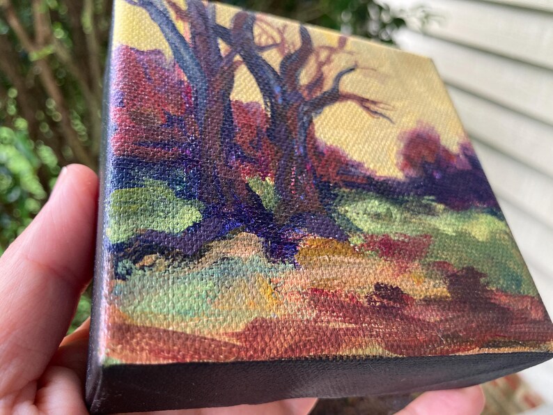 Miniature Trees at Dusk Painting: 4x4" Original Acrylic Canvas Art - Etsy