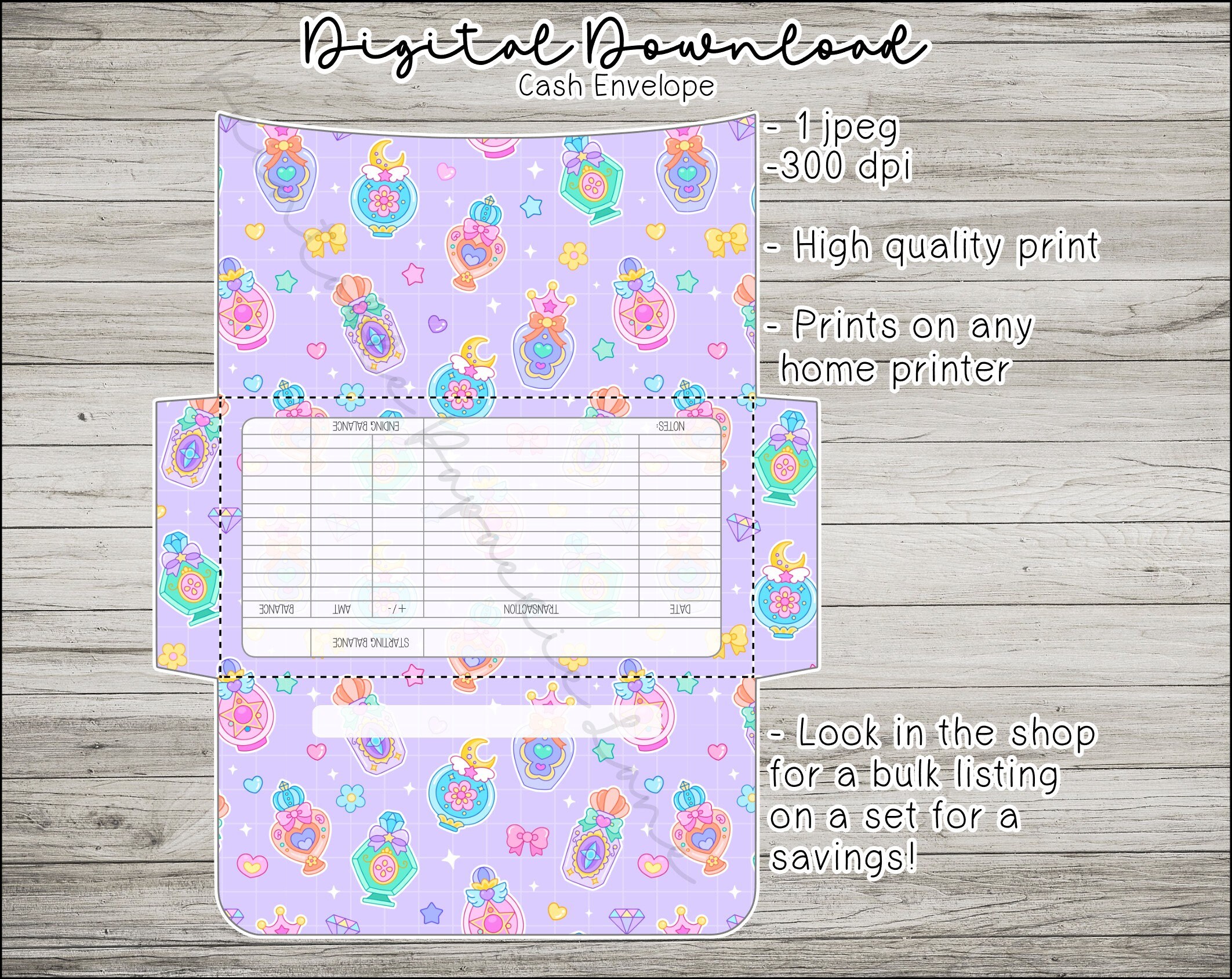 Cash Stuffing Envelope Printable, Magical Girl Kawaii Cute, Purple ...