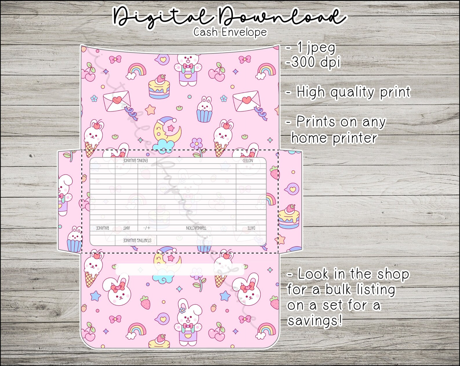 Cash Stuffing Envelope Printable, Adorable Bunny Kawaii Cute, Pink ...