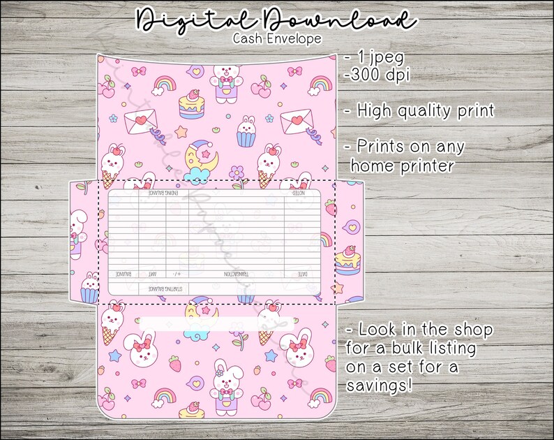 Cash Stuffing Envelope Printable, Adorable Bunny Kawaii Cute, Pink ...