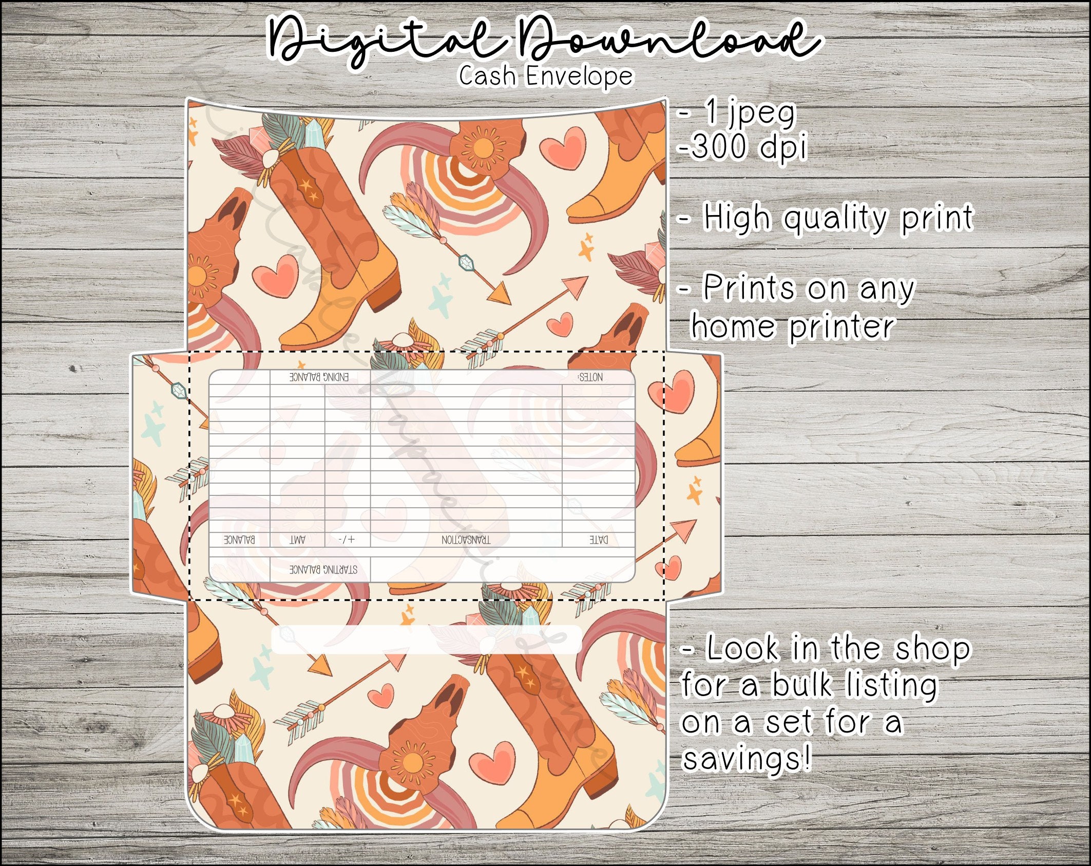 Cash Stuffing Envelope Printable, Western Desert Boot Kawaii Cute ...