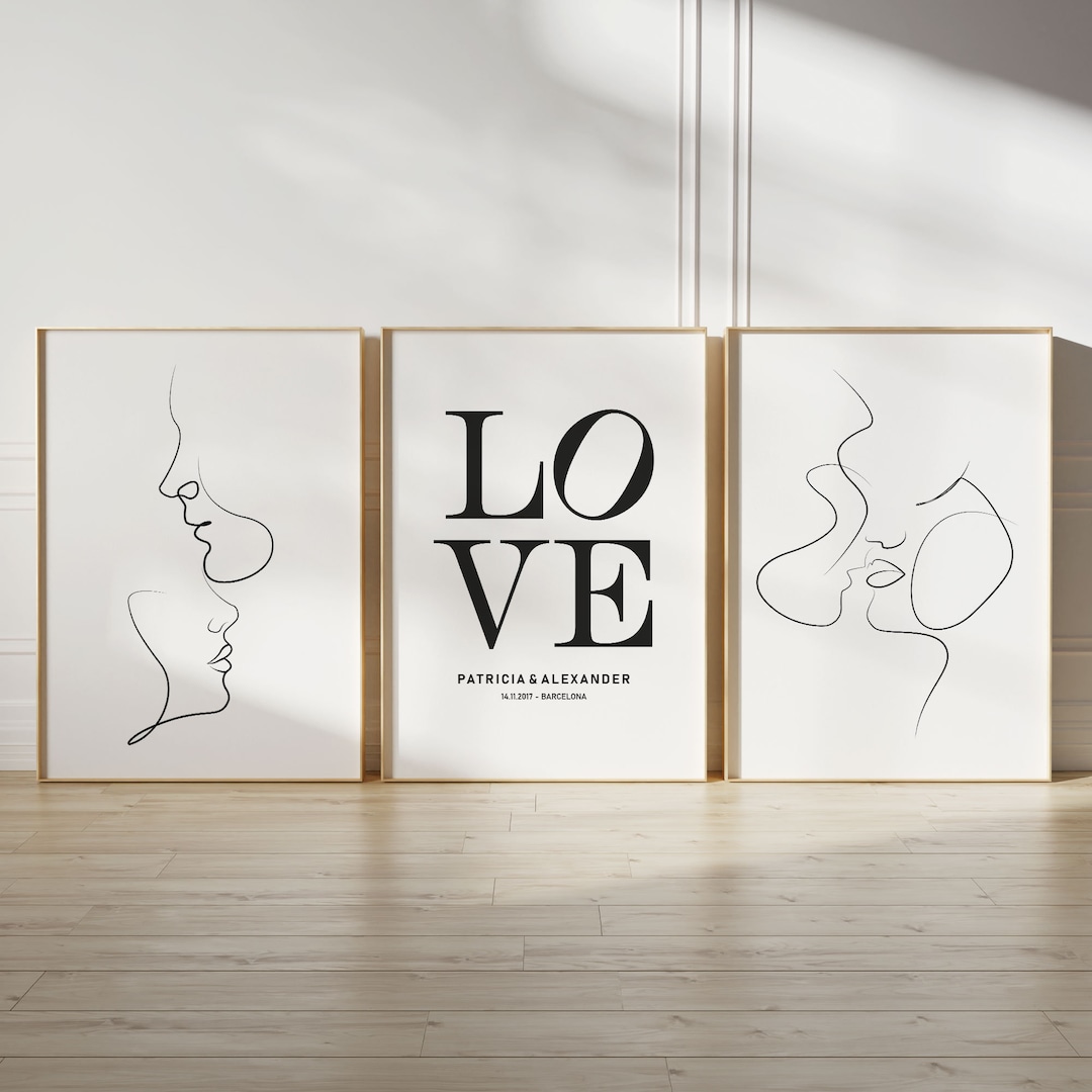 Set of 3 Love Couple Poster, Line Art Faces, Modern Shapes Pictures ...