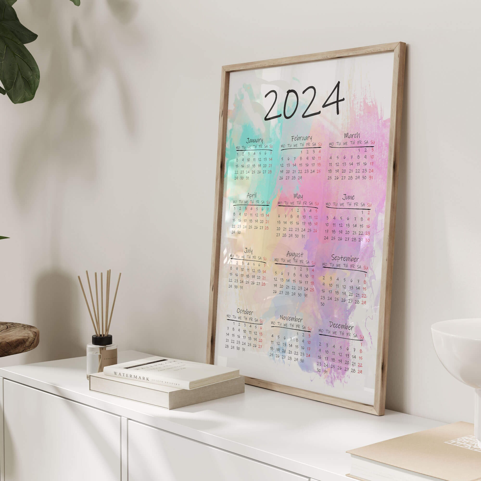 Watercolor Calendar 2024 Minimal One Page Calendar for 2024 - Etsy