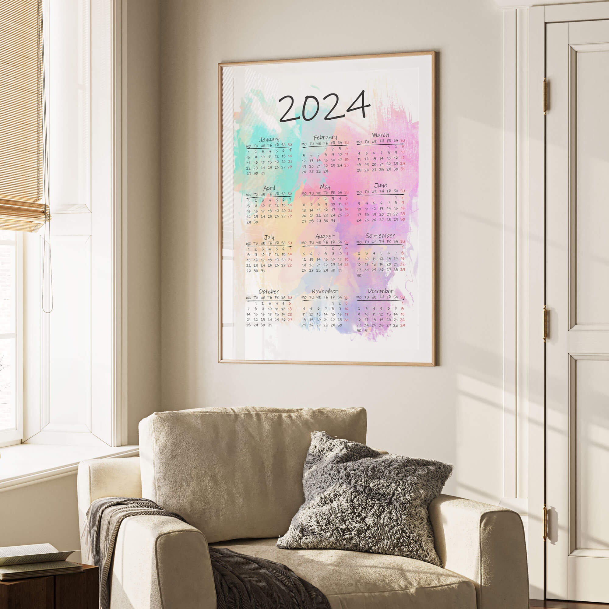 Watercolor Calendar 2024 Minimal One Page Calendar for 2024 - Etsy