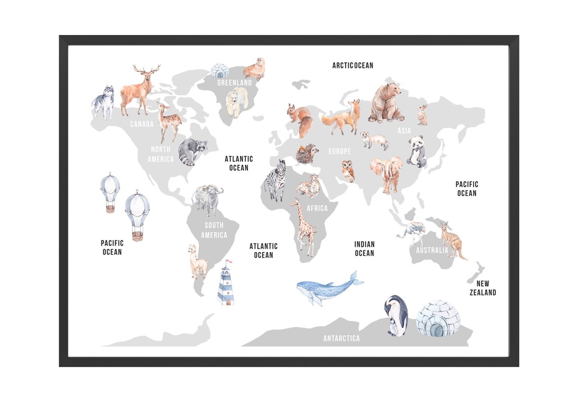 Animal World Map Educational Poster for Kids Map of the - Etsy