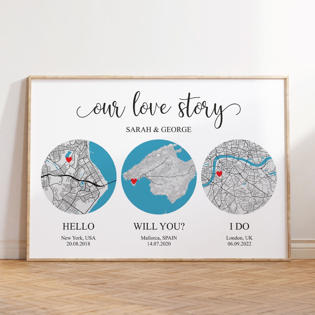 Custom Our Story Map Print, Hello Will You I Do, Our Love Story Custom Map, Met Engaged Married ...