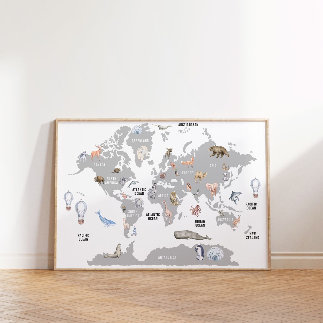 Animal World Map, Educational Poster for Kids, Map of the World ...