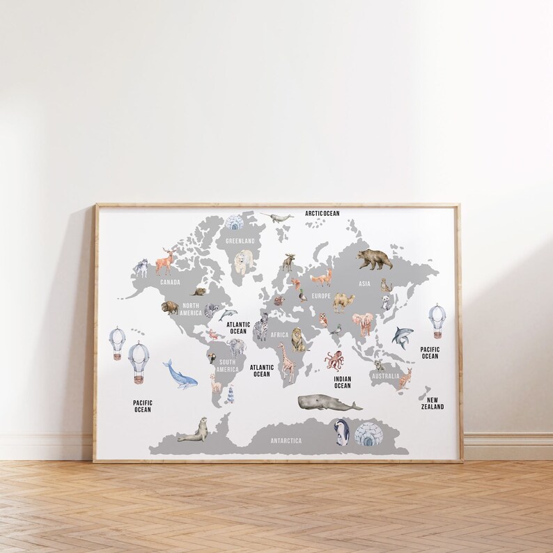 Animal World Map, Educational Poster for Kids, Map of the World ...