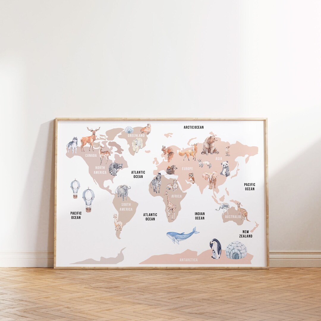 World Animal Map Educational Poster With Animals Kids Animal - Etsy