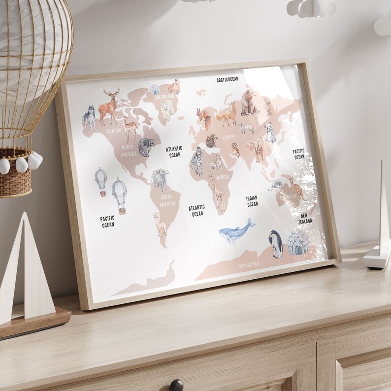 World Animal Map Educational Poster With Animals Kids Animal - Etsy