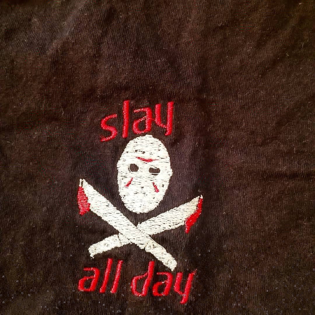 Friday the 13th Jason Slay All Day Embroidered Tee Shirt 100% Cotton ...