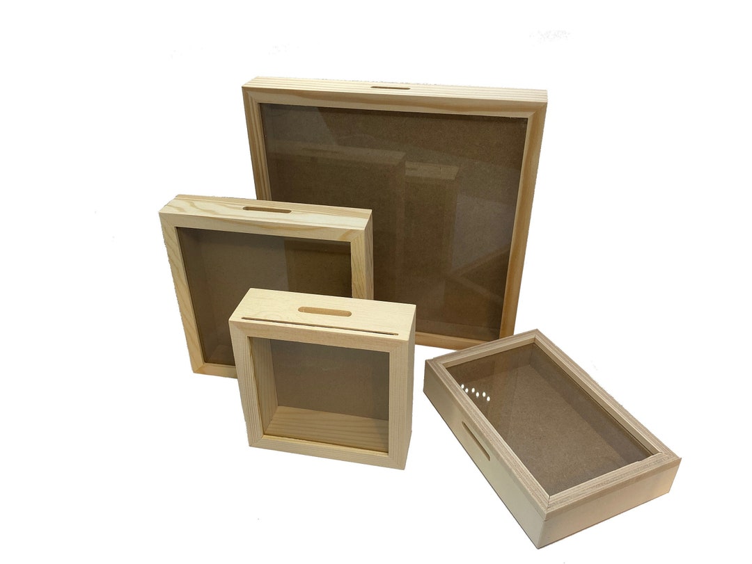 Unfinished Glass Wooden Money Box, Saving Wood Box, Craft Money Box ...