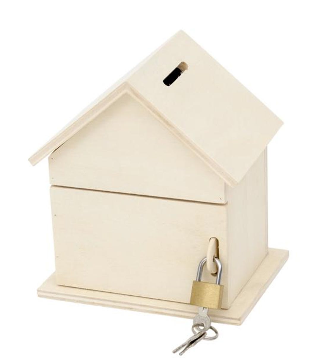 Unfinished Wooden Money Box House With Locker, Saving Wood Box, Craft ...
