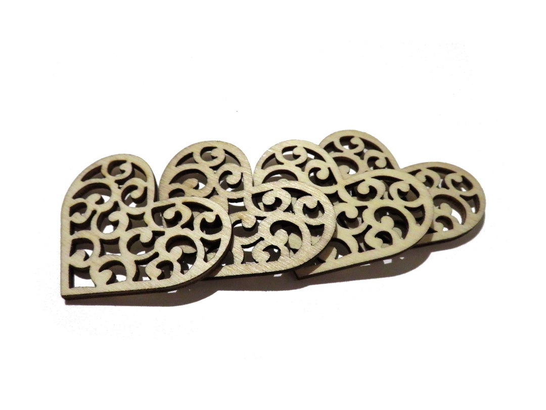 X4 Unfinished Wooden Filigree Heart 45x55mm, Wood Filigree Heart Shape ...