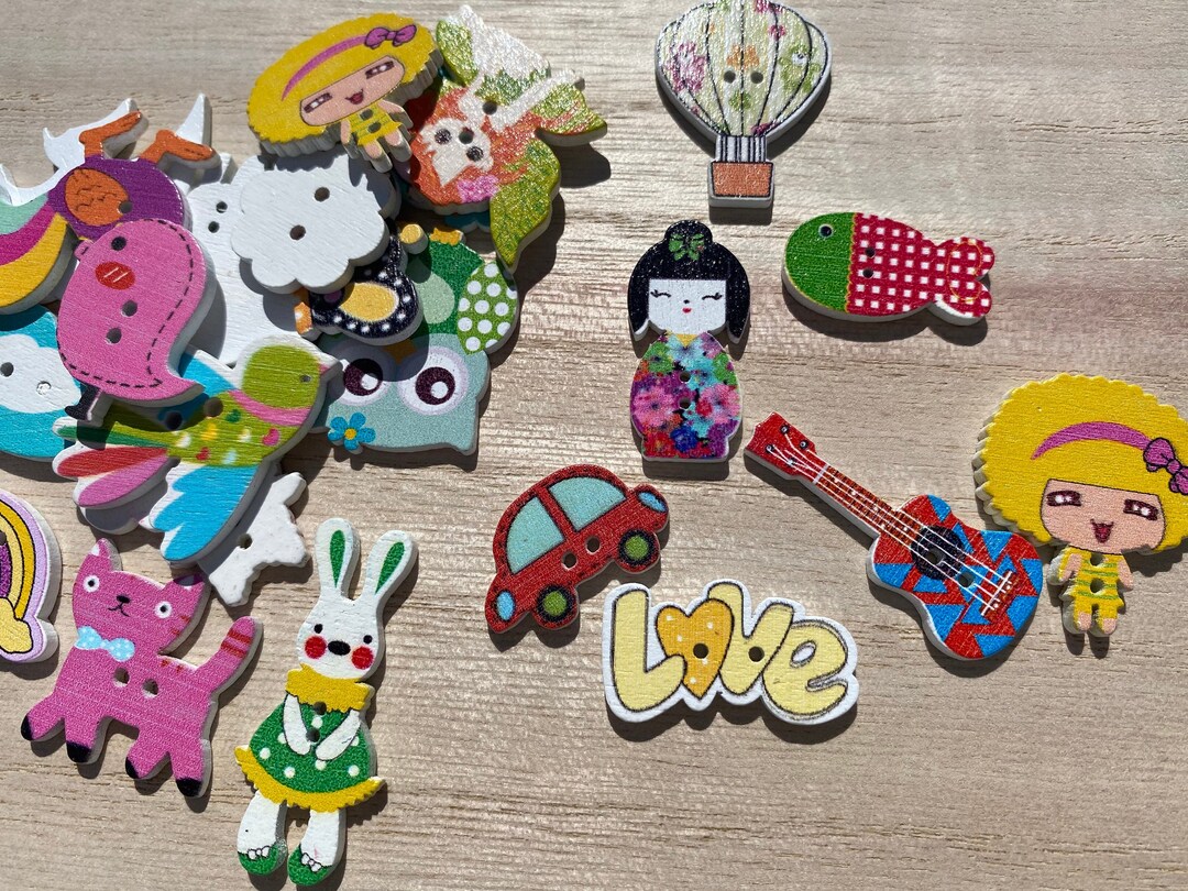 X30 Wooden Different Shaped Buttons, Wooden Buttons, Bear, Flower, Cat ...