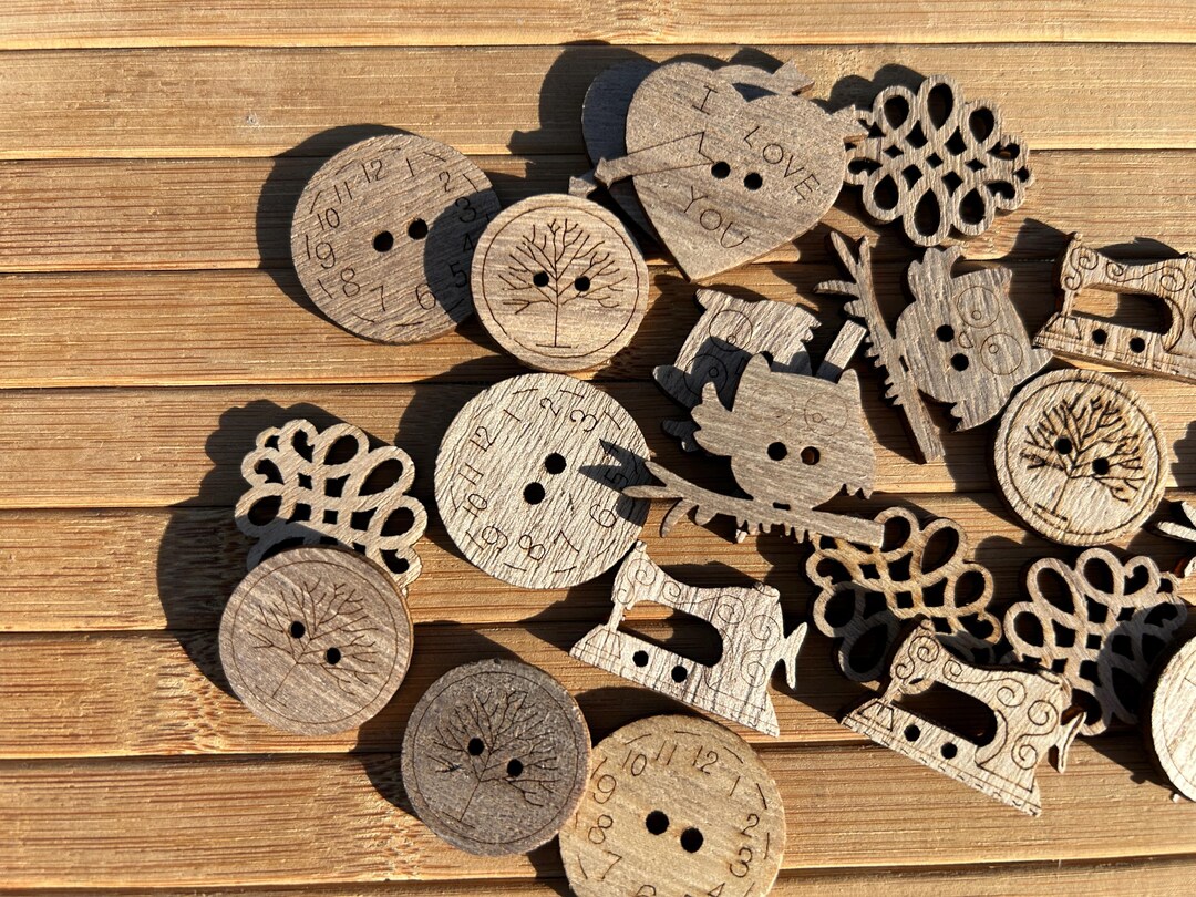 X20 Wooden Different Shaped Buttons, Wooden Buttons, Owl, Stool, Tree ...