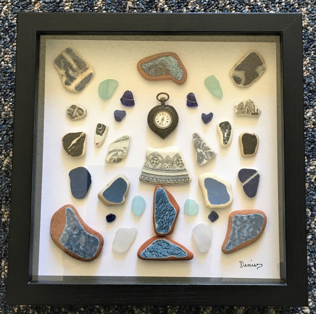TIMELESS OCEAN, Seaglass Sea Pottery Art, Black Shadowbox Frame, Heart ...