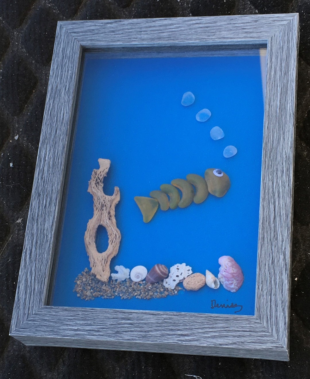 SEAGLASS FISH ART #2, Grey Shadowbox Frame, Sand, Shells, Spanish ...