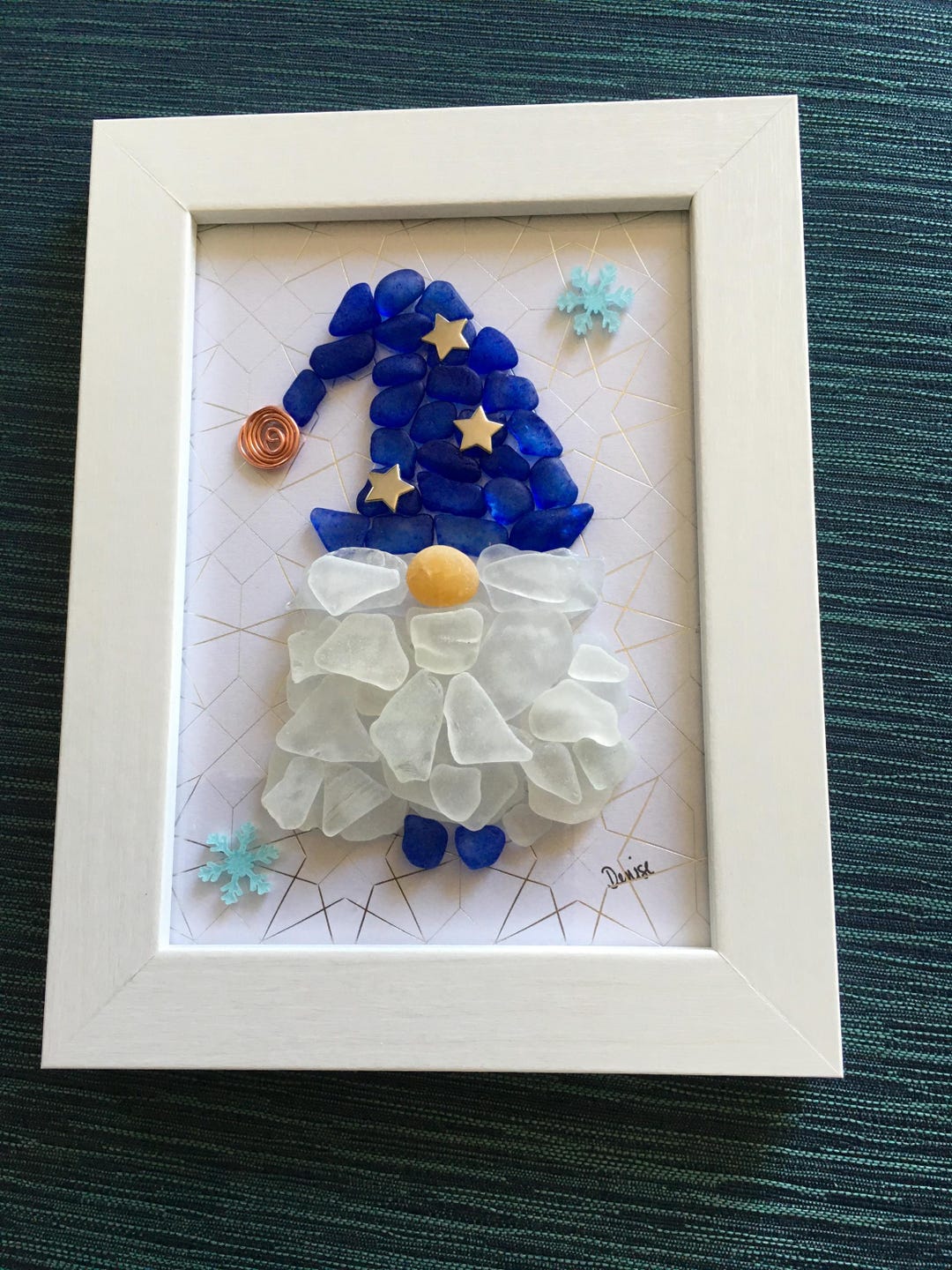 SEAGLASS CHRISTMAS GNOME #18, Gnome for the Holidays, White Frame, Snowflakes, Stars, Winter ...