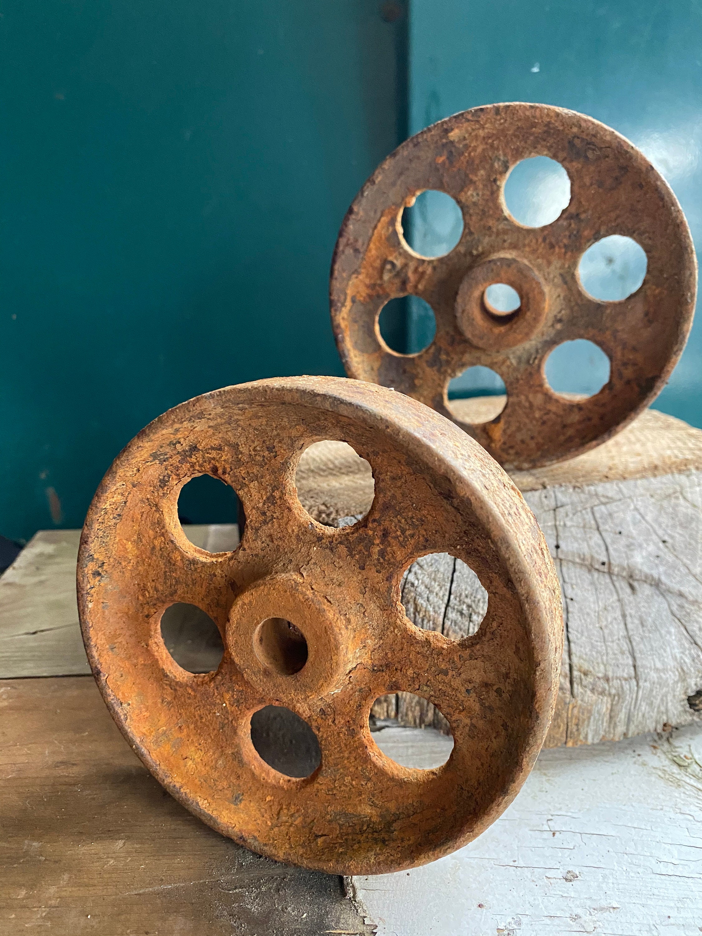 Vintage Cast Iron Pulleys Pair Industrial Steampunk | Etsy