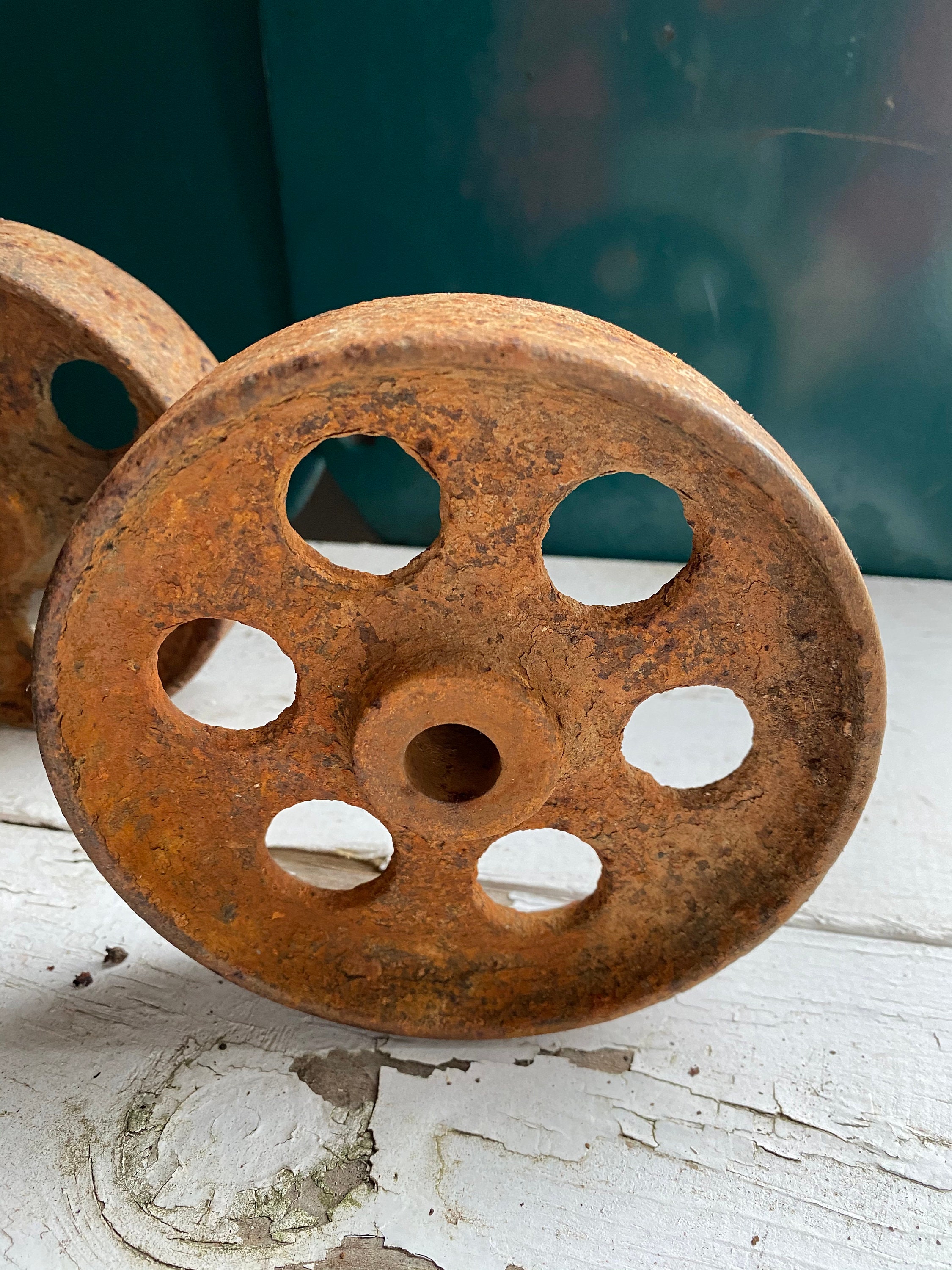 Vintage Cast Iron Pulleys Pair Industrial Steampunk | Etsy