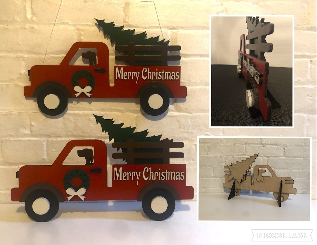 Wooden Red Christmas Truck With Tree, Handing or Hanging, Laser Cut, 3D ...