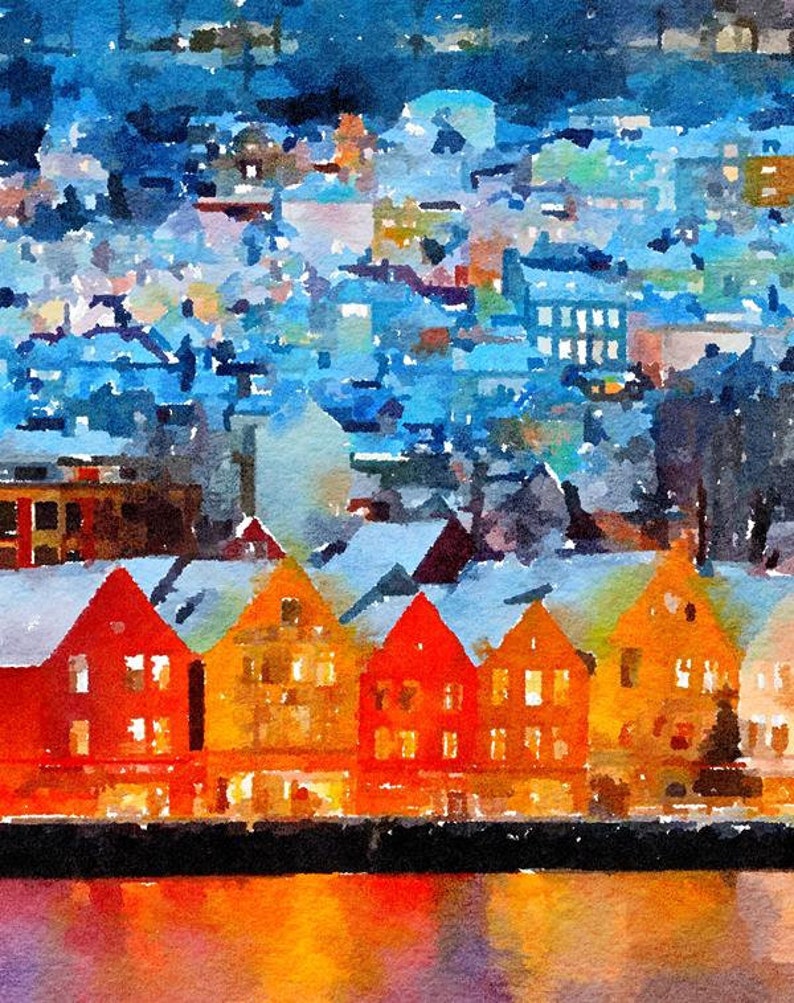 Night Bergen Norway Painting Art Print Unframed | Etsy