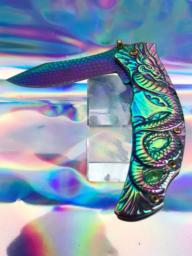 Rainbow Pocket Knife with Dragon Design Nice Iridescent | Etsy