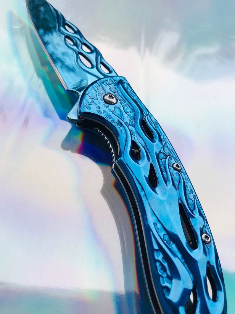 Metallic Blue Pocket Knife with Fire Design With Iridescent | Etsy
