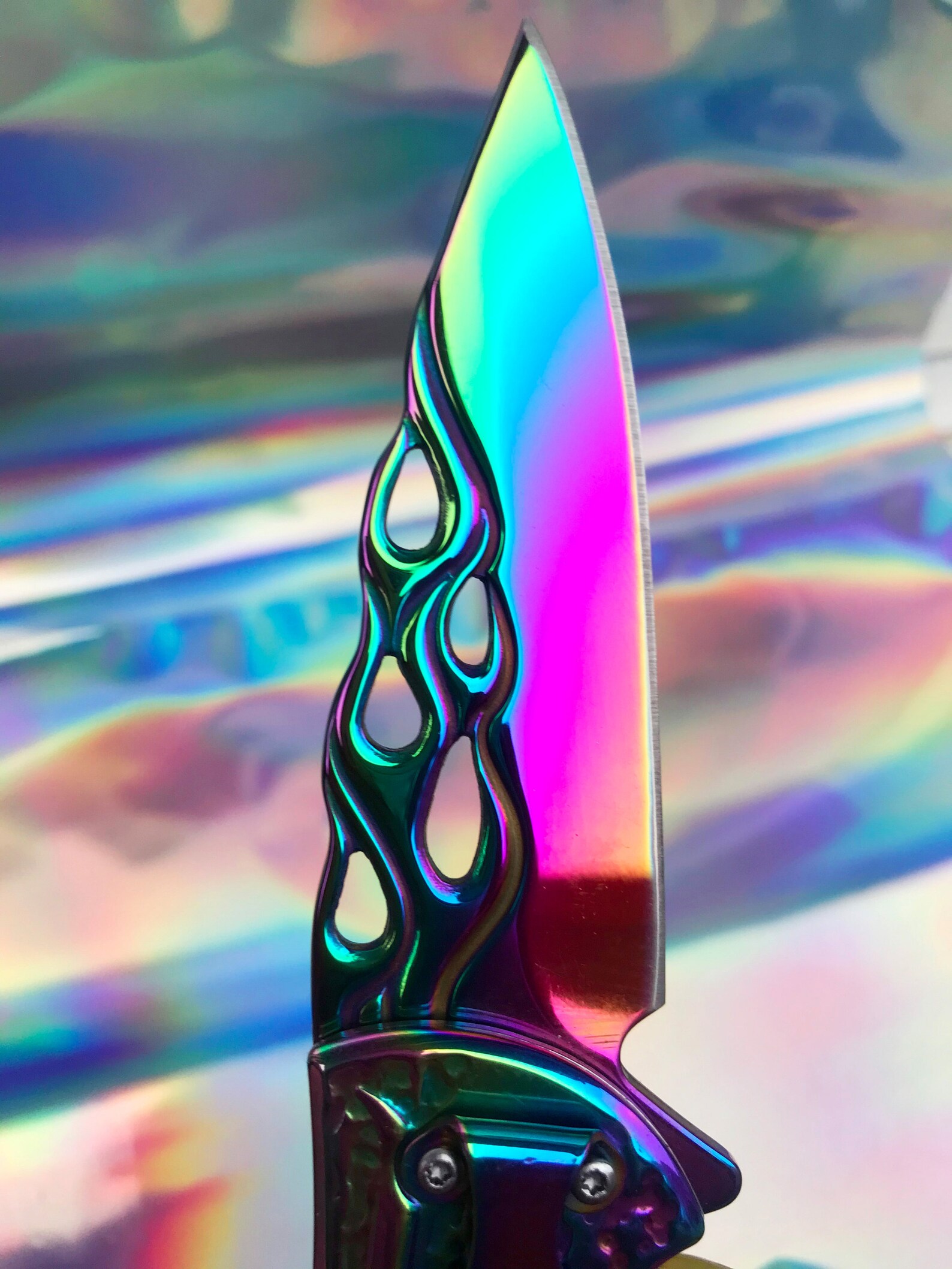 Rainbow Pocket Knife With Fire Design Iridescent Pretty | Etsy