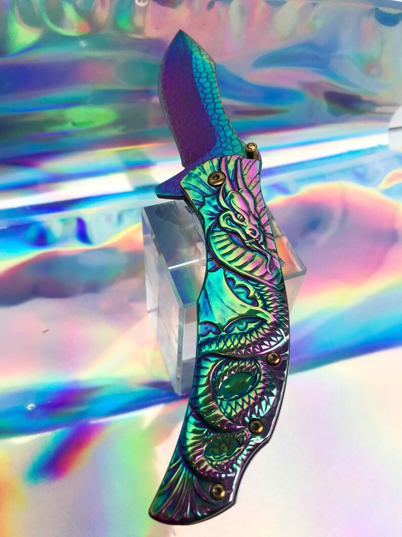 Rainbow Pocket Knife with Dragon Design Nice Iridescent | Etsy