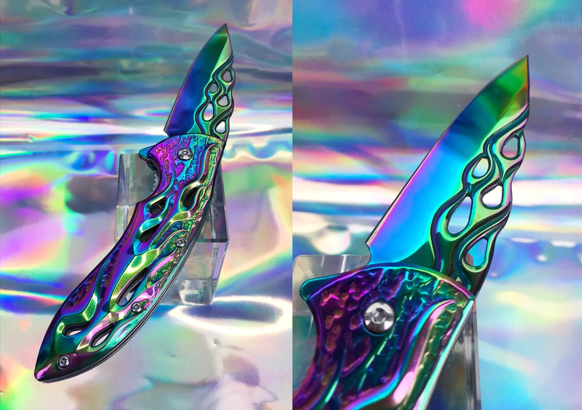 Rainbow Pocket Knife With Fire Design Iridescent Pretty | Etsy