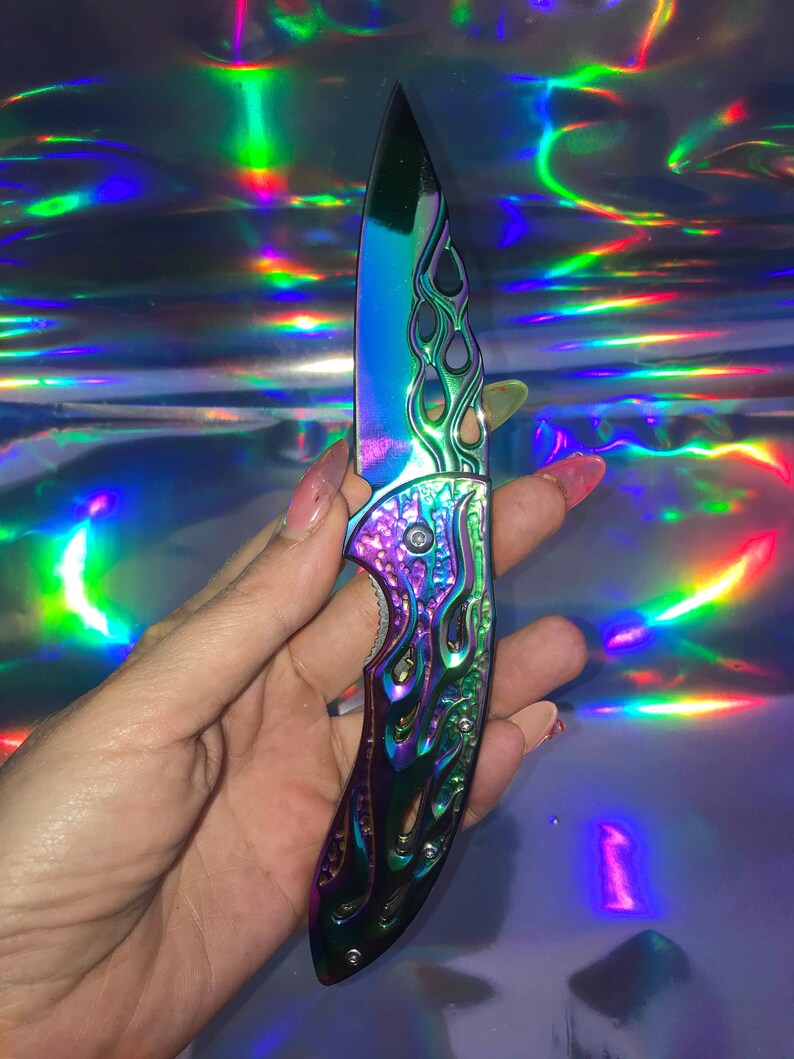 Rainbow Pocket Knife With Fire Design Iridescent Pretty | Etsy
