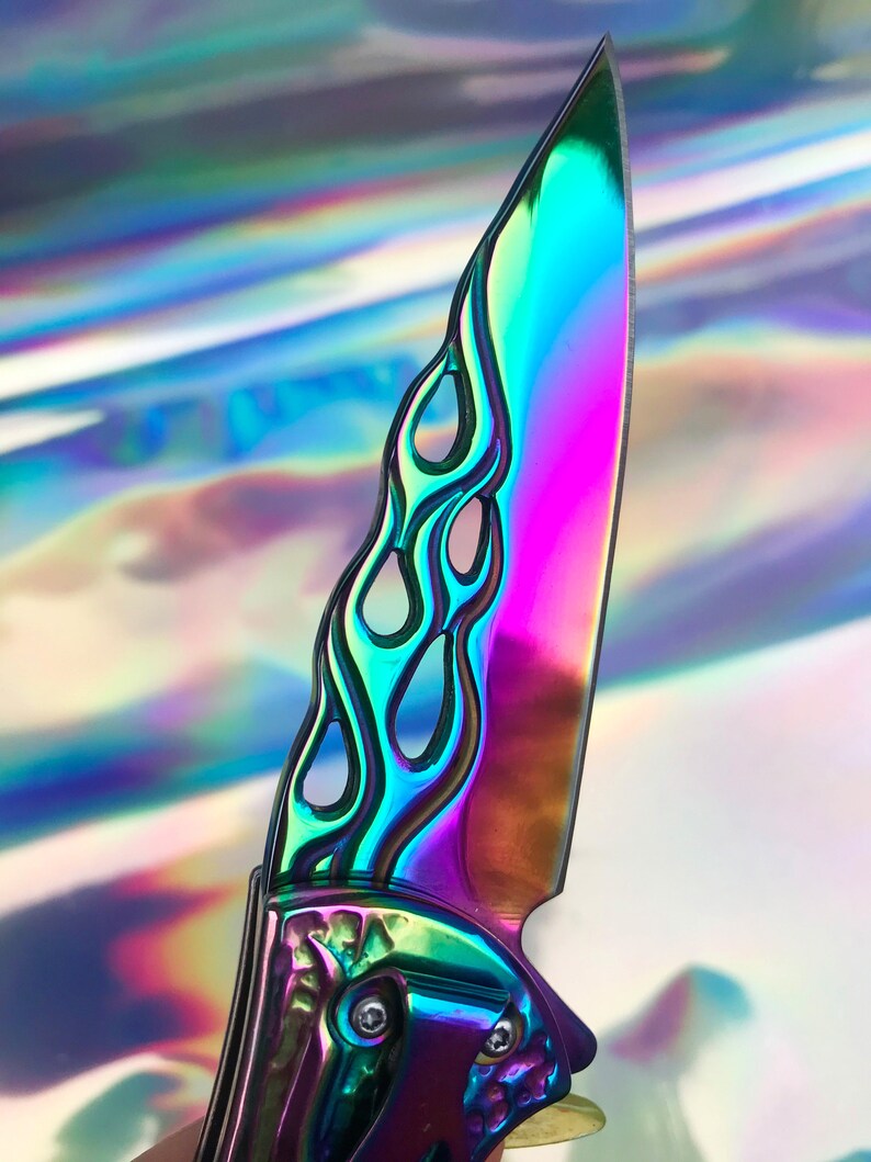 Rainbow Pocket Knife With Fire Design Iridescent Pretty | Etsy