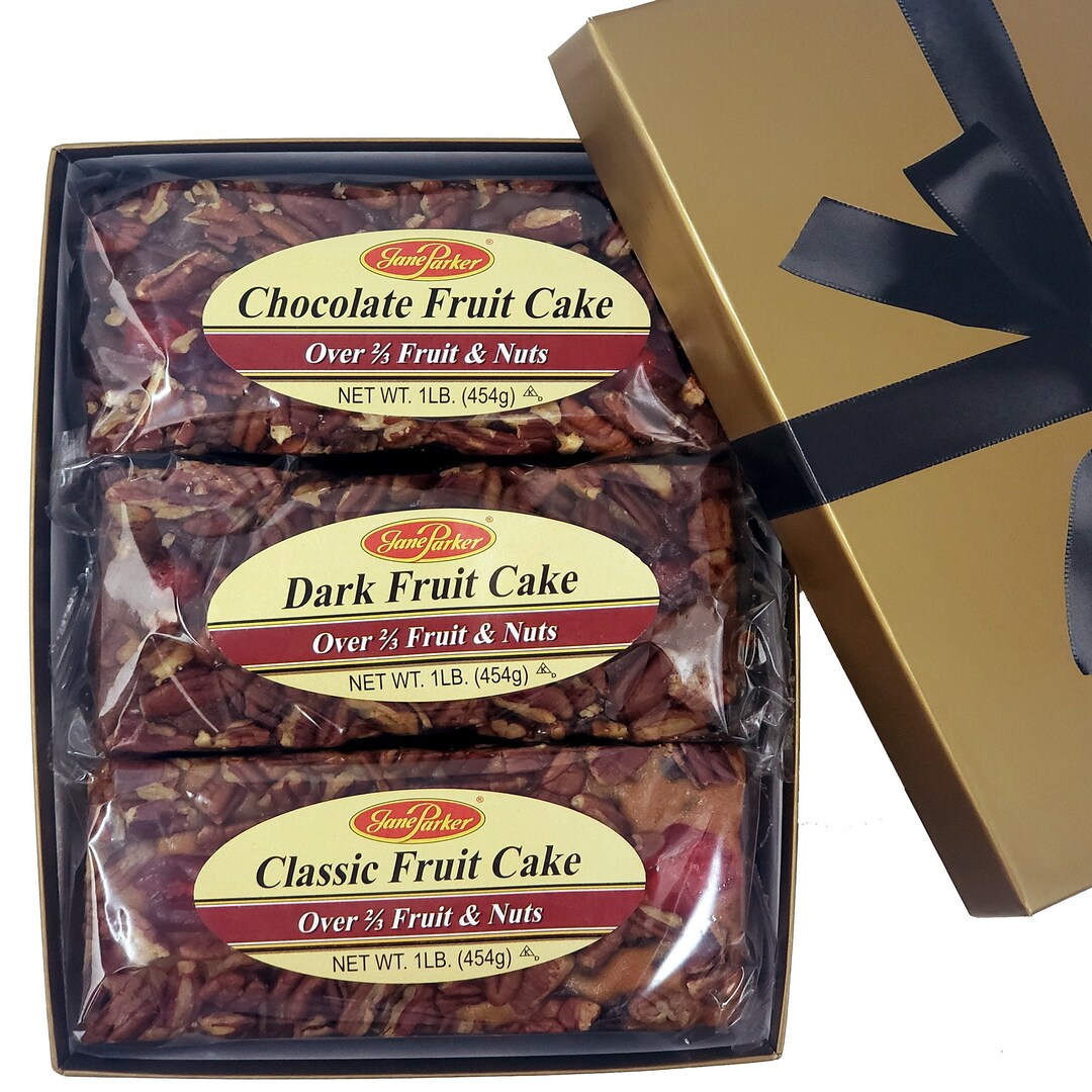 Jane Parker Fruitcake Triple Delight Fruit Cake Assortment, 3 Pound Gift Box, Chocolate, Dark ...