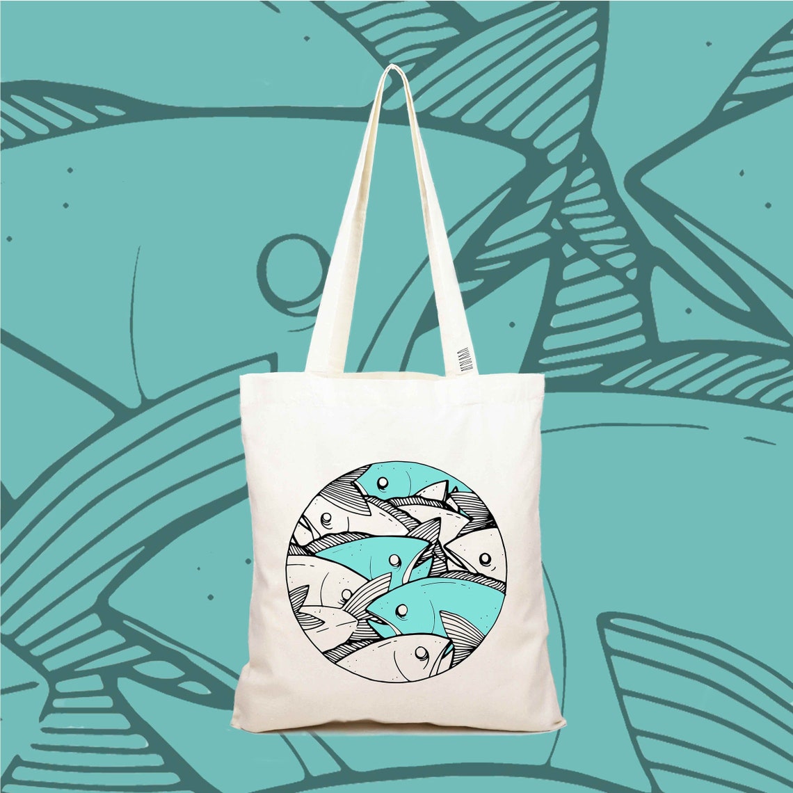 100% Cotton Tote Bag| Fish Fishes| Handprinted Unique Illustration| Eco ...