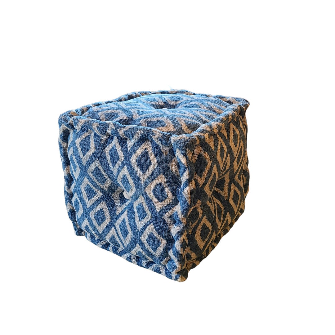 Hand Block Printed Blue & White Diamond Cotton Pouf - Etsy
