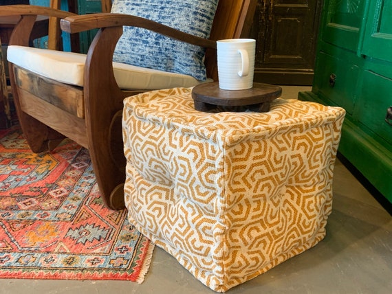 Hand Block Printed Square Cotton Pouf in Geometric Goldenrod - Etsy